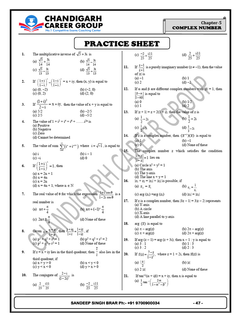 Complex Number Practice Questions | PDF | Complex Number | Mathematical ...