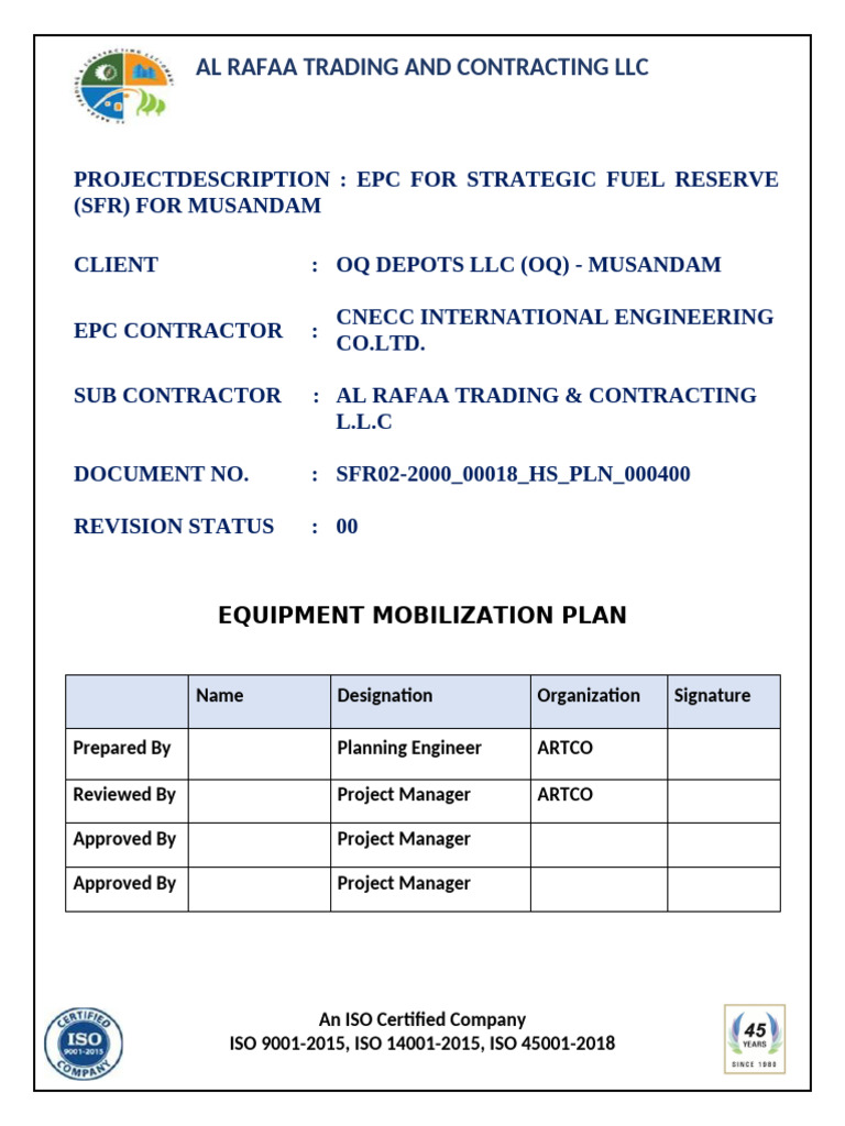 Equipment Mobilization Plan for SFR Project | PDF | Occupational Safety ...