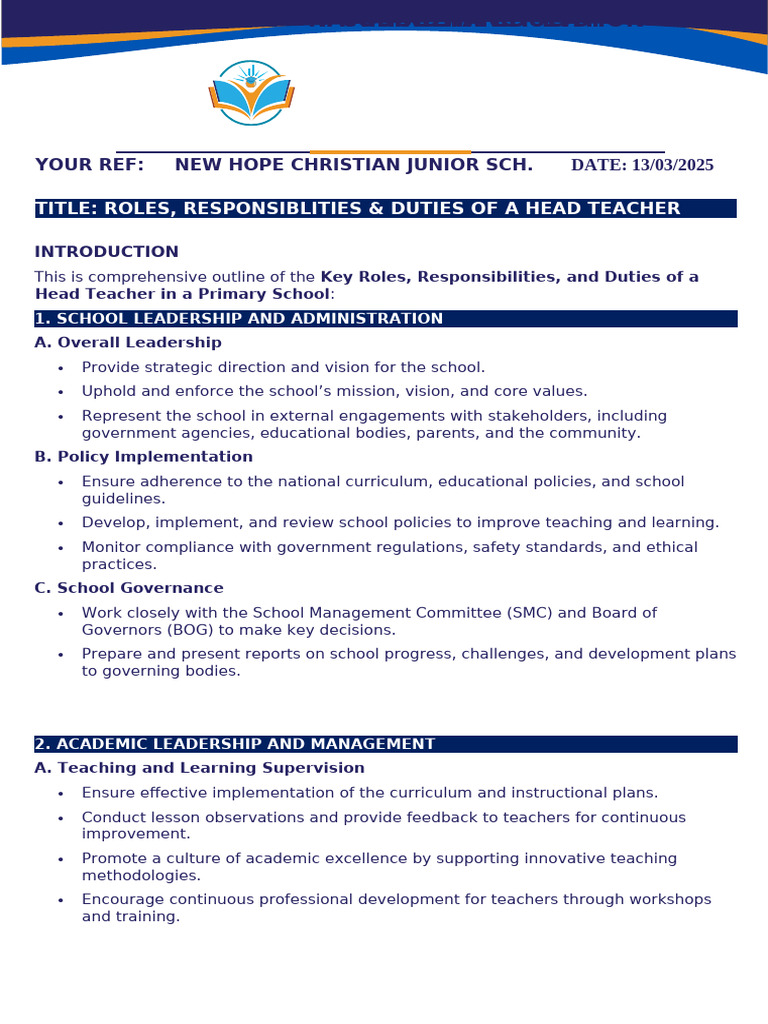 Roles, Duties & Responsibilities of A Headteacher | PDF | Mentorship ...