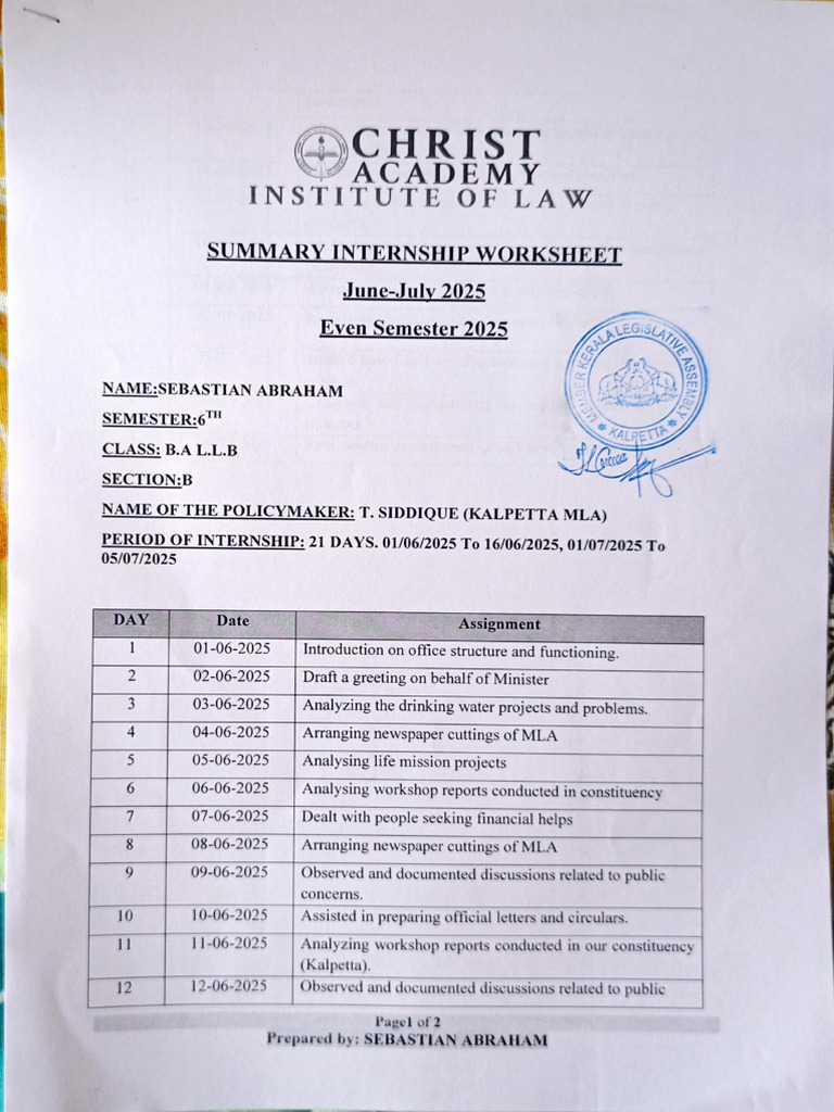 6th Sem Internship Summary Sheet MLA Office | PDF