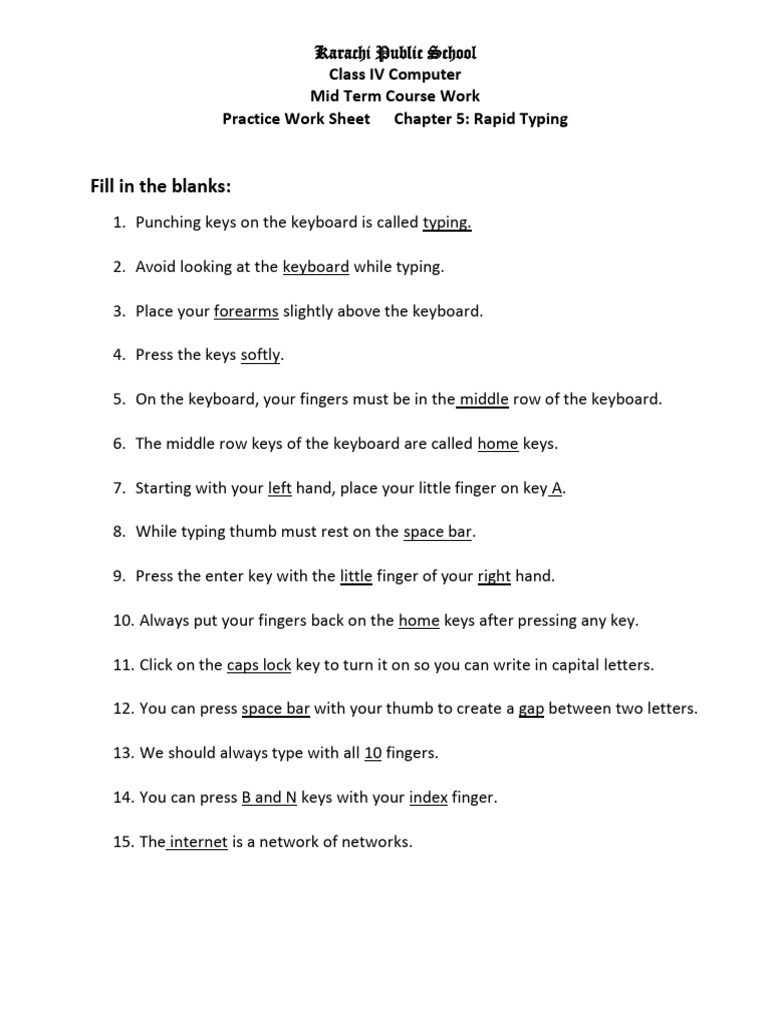 Class IV Rapid Typing Practice Sheet | PDF