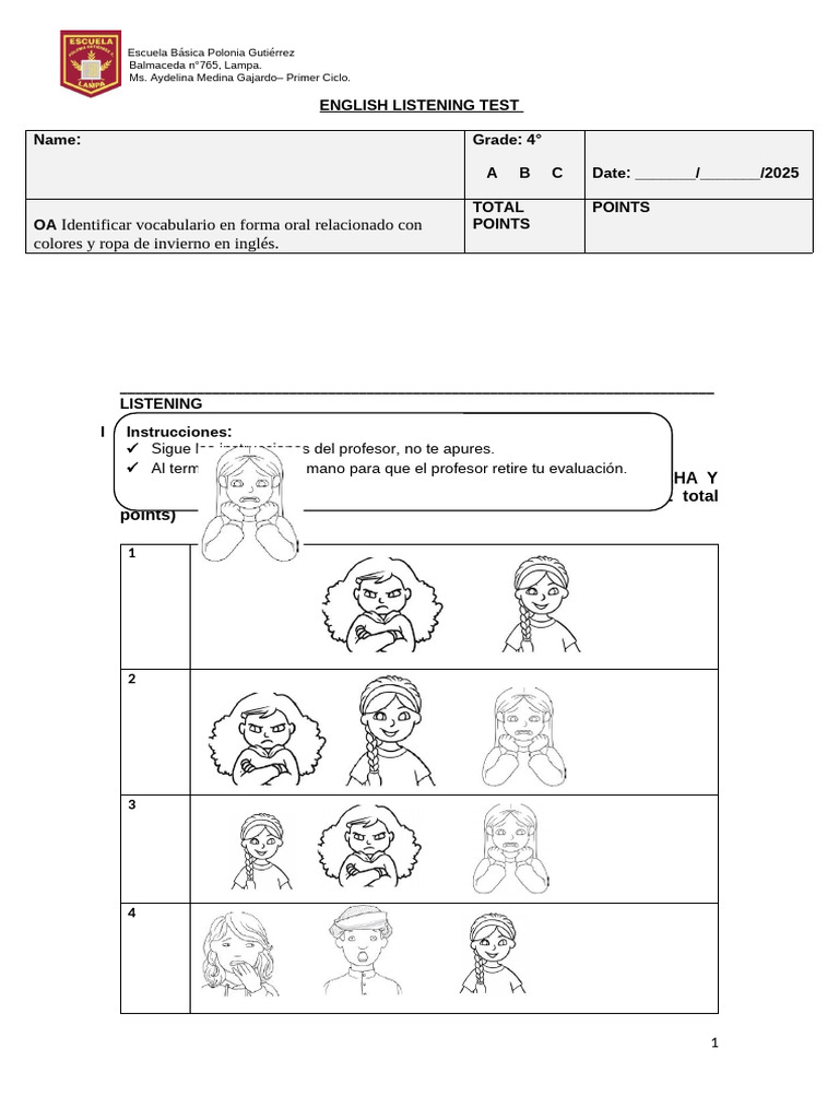 English Listening Test - 4º Básico | PDF