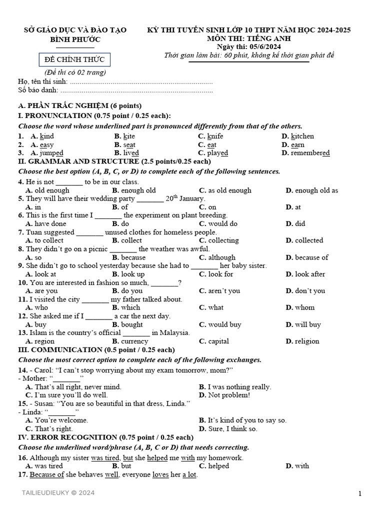 De Thi Tuyen Sinh Lop 10 Mon Tieng Anh Binh Phuoc Nam Hoc 2024 2025 Co Dap An | PDF
