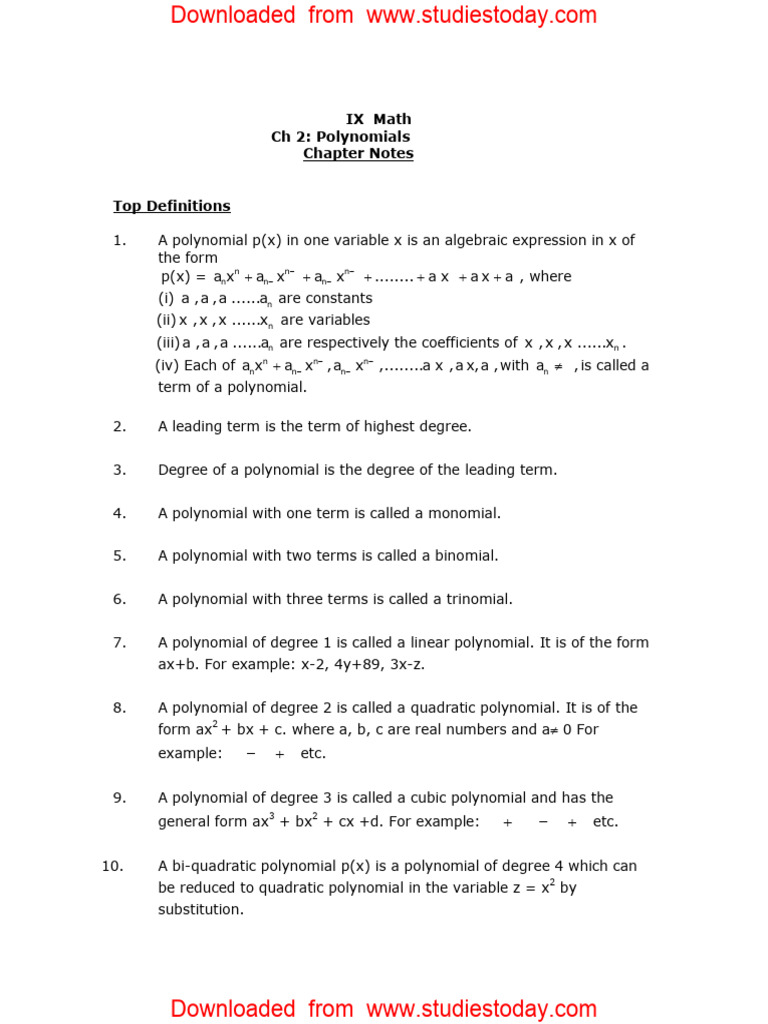 Polynomials: Definitions and Concepts | PDF | Polynomial | Factorization