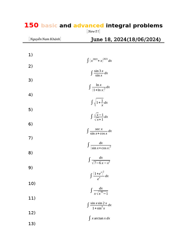 150 Basic and Advanced Integral Problems | PDF