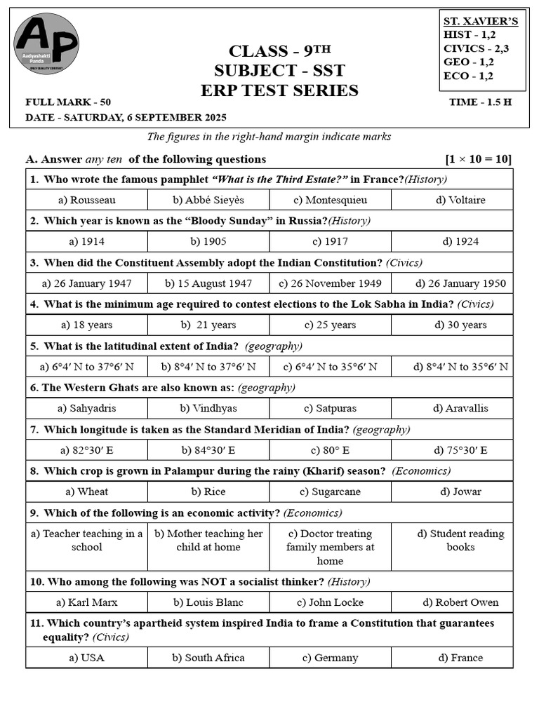 Class 9th SST Exam September | PDF | Socialism | Himalayas