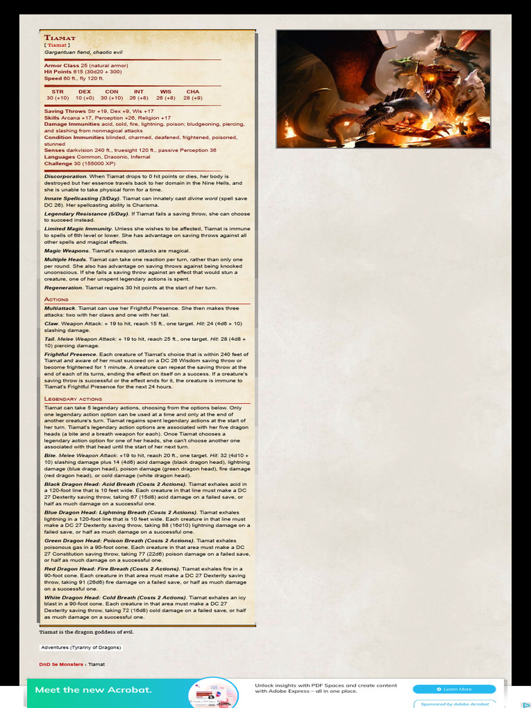 Tiamat Monster Stat Block - DND 5e | PDF | Dragon | Role Playing Games