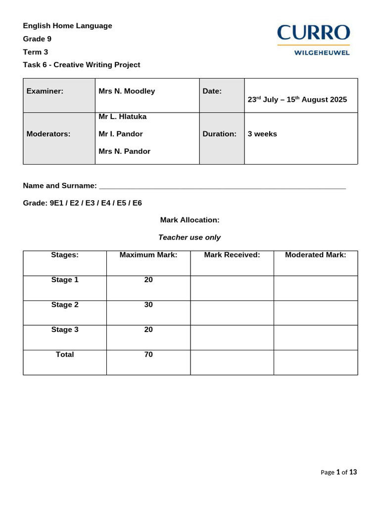 Grade 9 Task 6 Creative Writing Project | PDF | Novels | Narrative