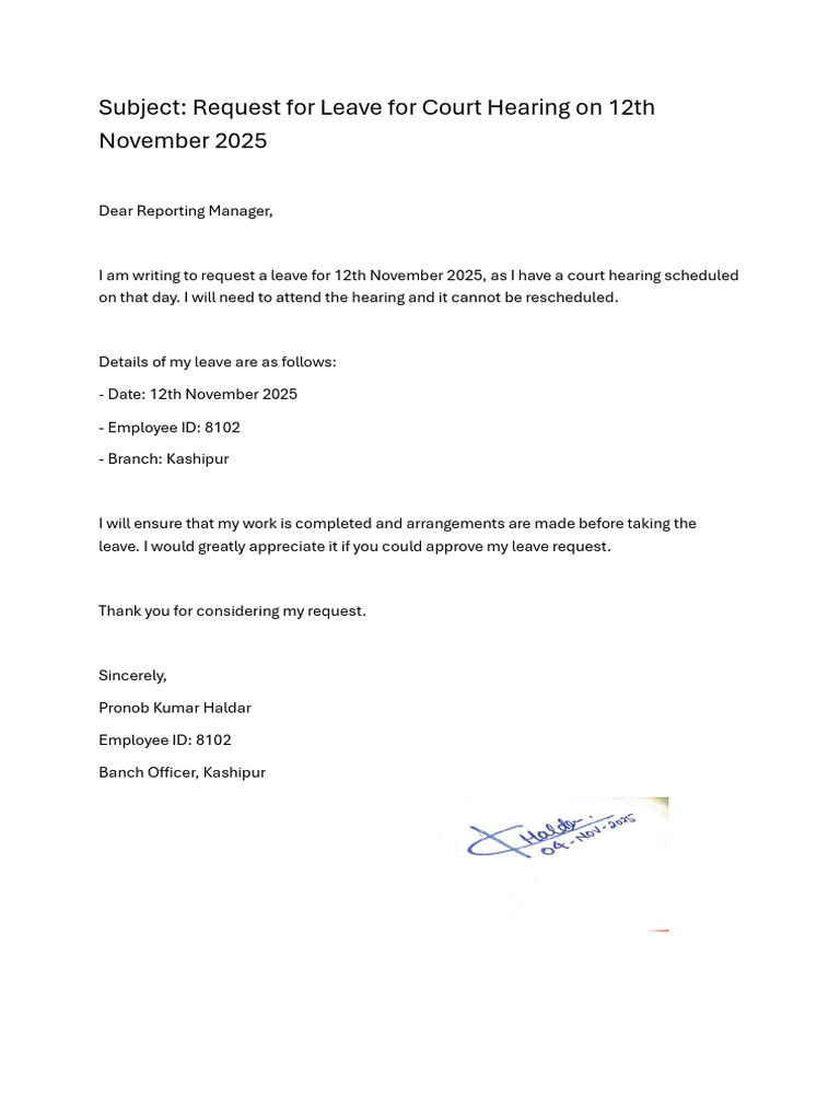 Leave Request for Court Hearing | PDF