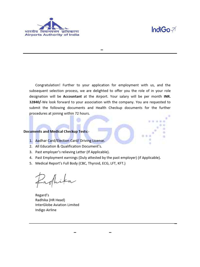 Accountant Job Offer Letter from Indigo | PDF
