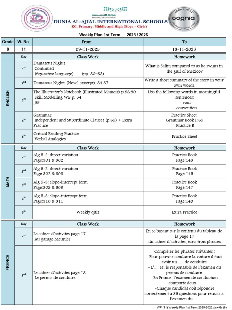 GR 8 WP (11) Weekly Plan 1st Term 2025-2026 | PDF | Syntax | Language ...