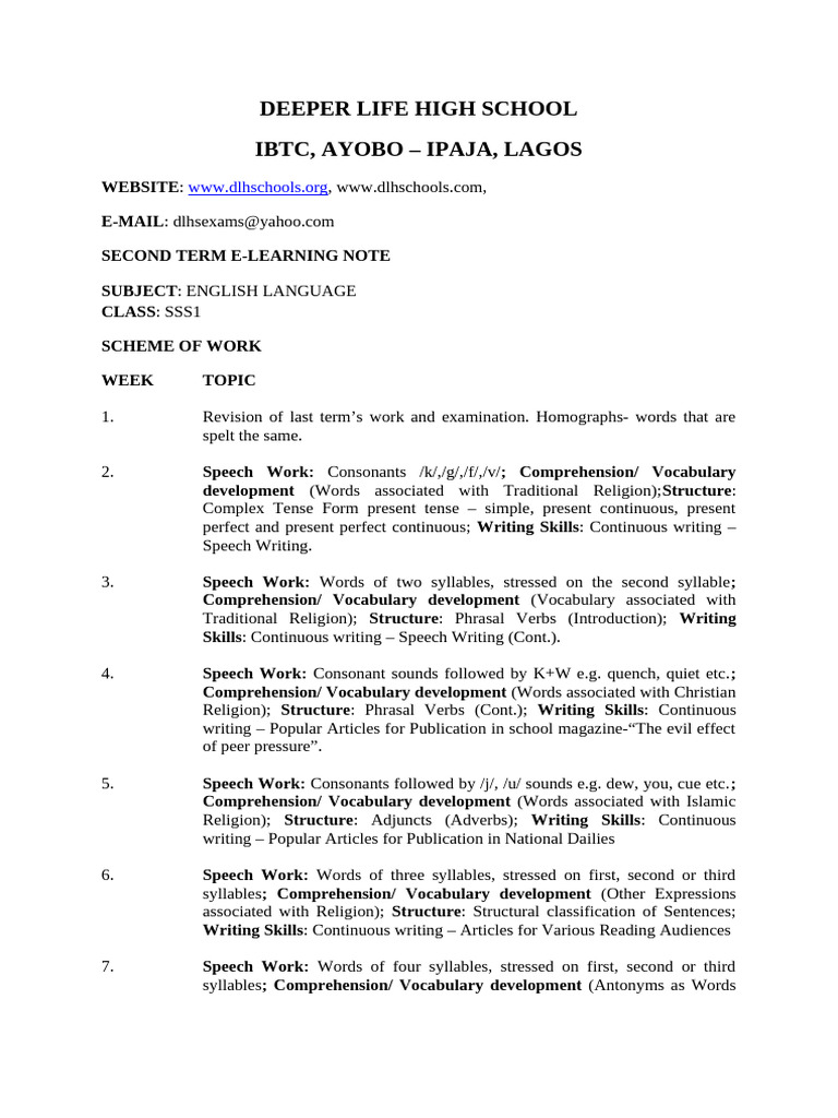 SS1 2ND TERM ENGLISH LANG. | PDF | Stress (Linguistics) | English Language