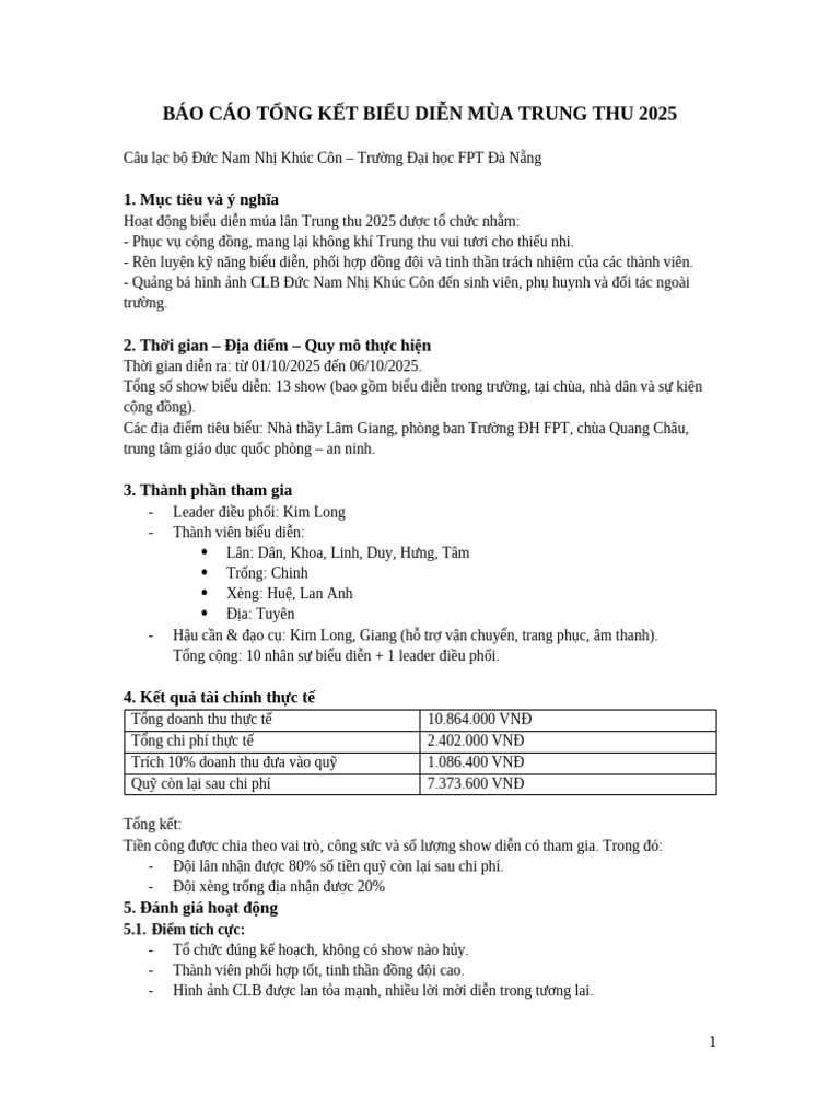 Báo cáo hoạt động múa lân trung thu 2025 | PDF