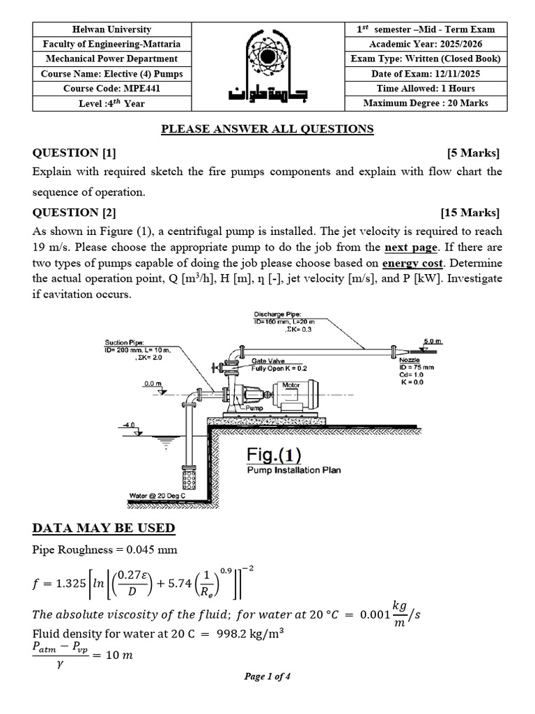 Mid - Term Exam Pumps - 2025 - 2026 - Model Answer | PDF | Pump | Gases