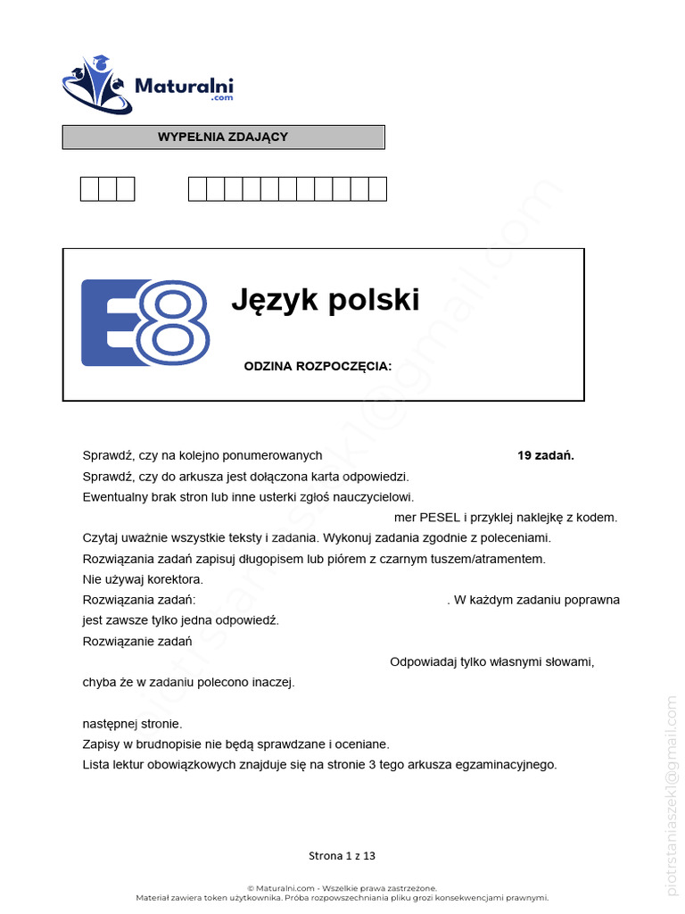 Arkusz Próbny E8 Maturalni - Język Polski | PDF