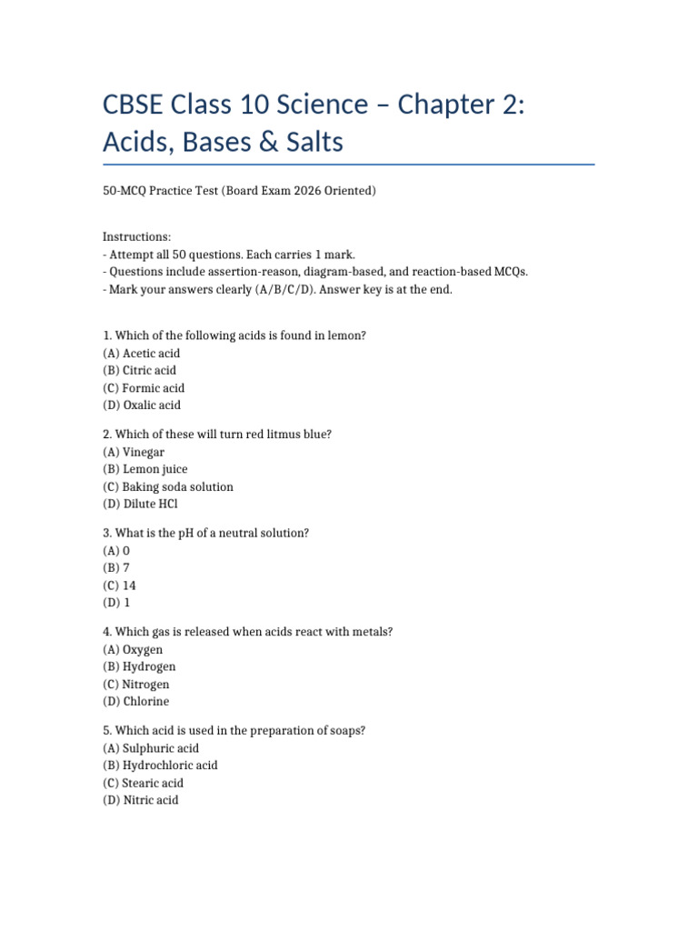 Class10 Chemistry Ch2 50MCQ Test | PDF