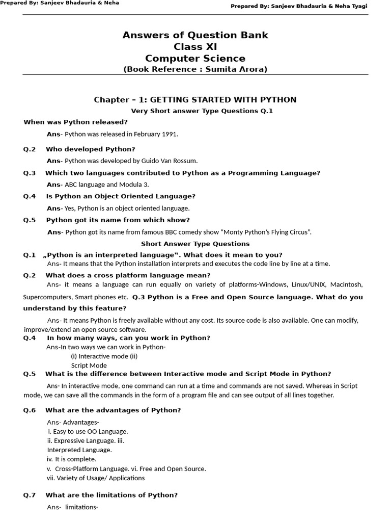Question Bank Class Xi Cs Answer to Be Uploaded-4 (1) | PDF | Data Type ...