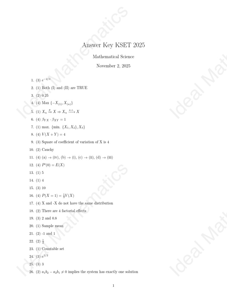 KSET 2025 Mathematical Science Answer Key | PDF | Eigenvalues And ...