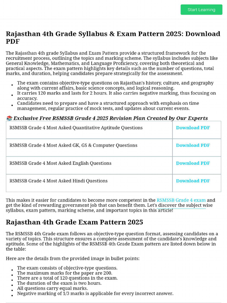Rajasthan 4th Grade Syllabus & Exam Pattern 2025_ Download PDF | PDF