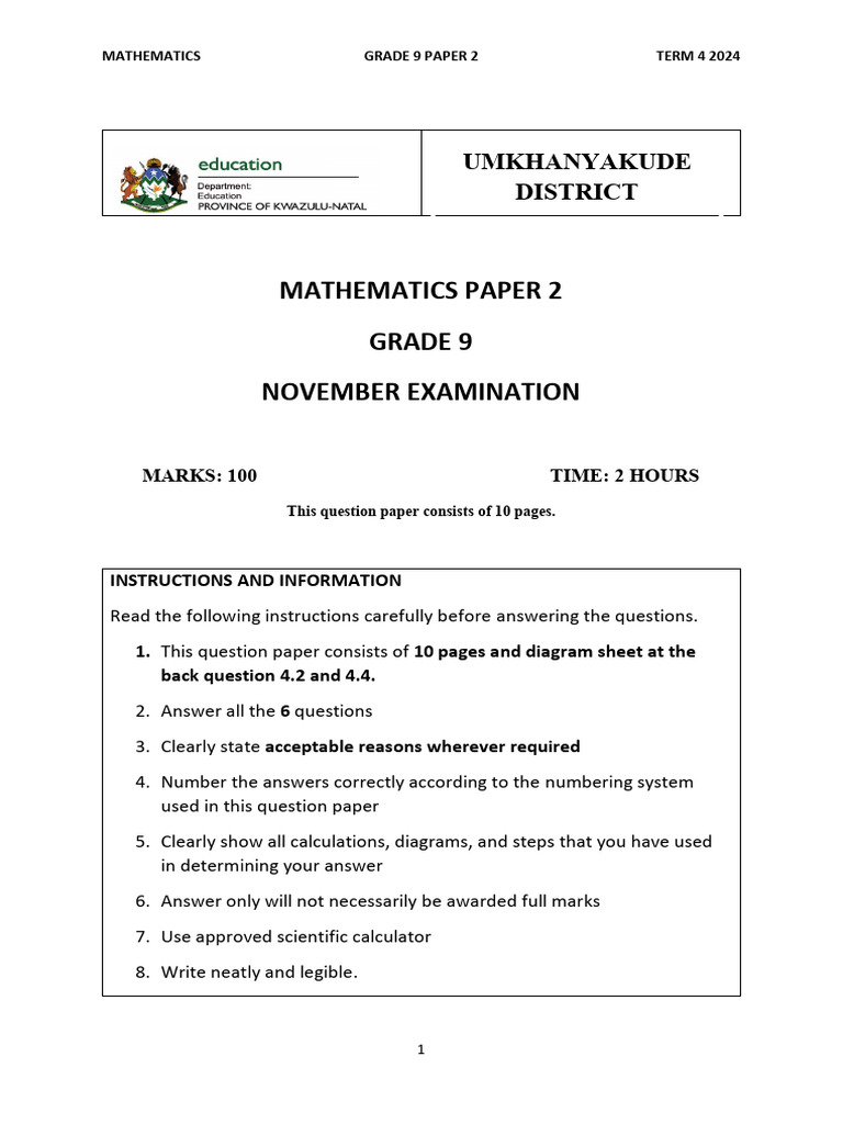 Math p2 Exam Nov 2024 Grade 9 Final Final | PDF | Area | Triangle