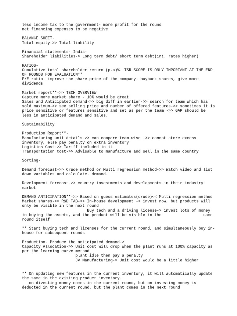 Simulation Game Cheat Sheet | PDF | Dividend | Inventory