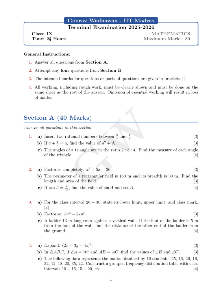 ICSE Class 9 Maths SQP-1 | PDF | Area | Square Root