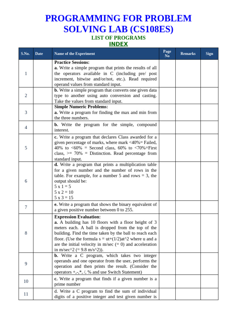 PPS Lab Cover Index Lab Internal Solutions To | PDF | Pointer (Computer Programming) | Matrix ...