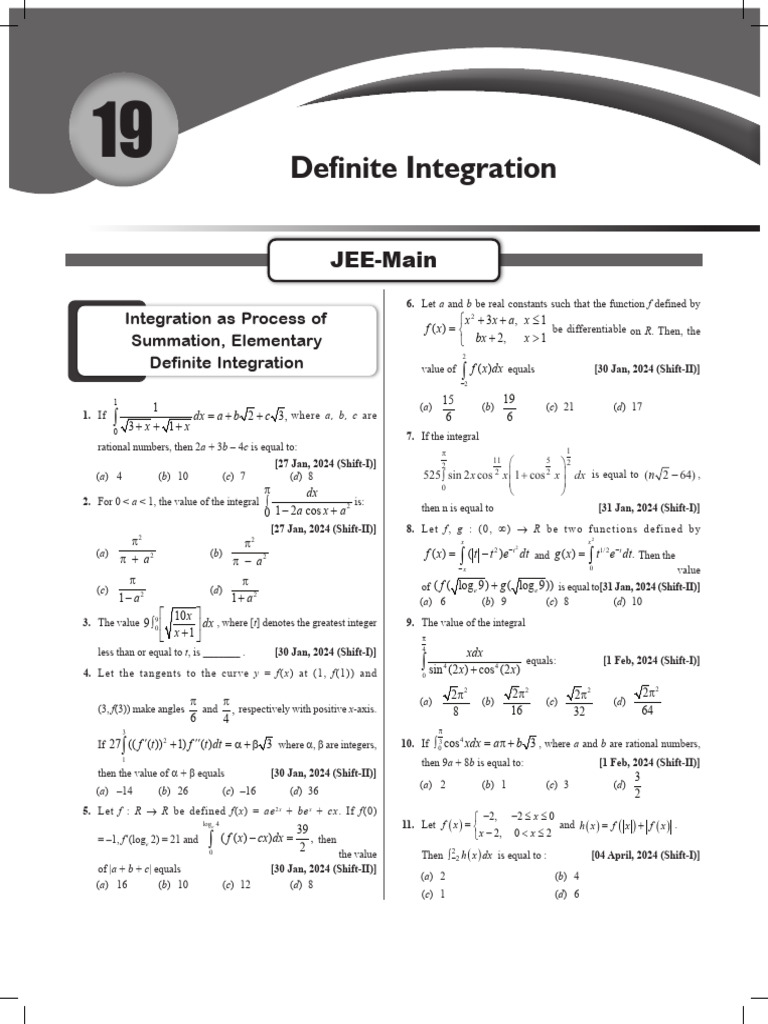 PYQs (JEE Main & Advance) Definite Integration | PDF | Mathematical Relations | Functions And ...