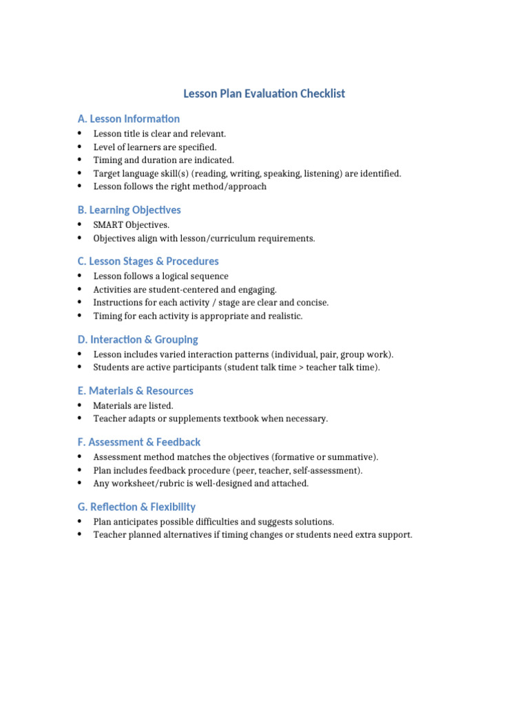 Lesson Plan Evaluation Checklist | PDF
