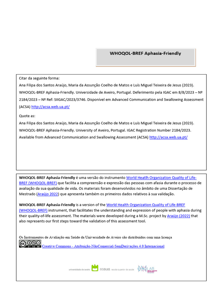 WHOQOL BREF Aphasia Friendly 1 | PDF