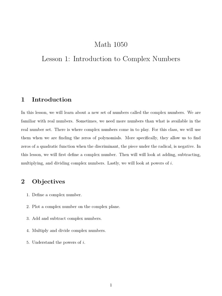 Lesson 1 - Introduction To Complex Numbers | PDF | Complex Number | Numbers