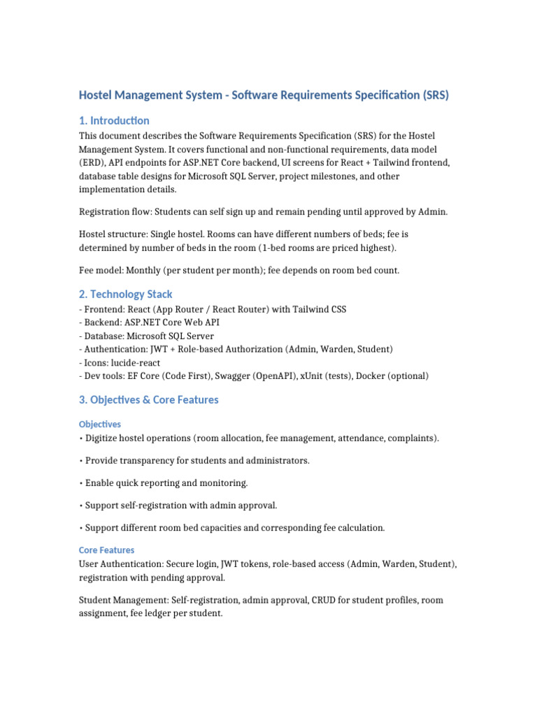 Hostel Management System SRS Full | PDF | Microsoft Sql Server | Databases