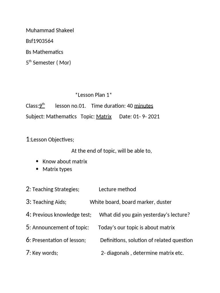 10 Lesson Plans Made by M Shakeel | PDF | Mathematics | Lesson Plan
