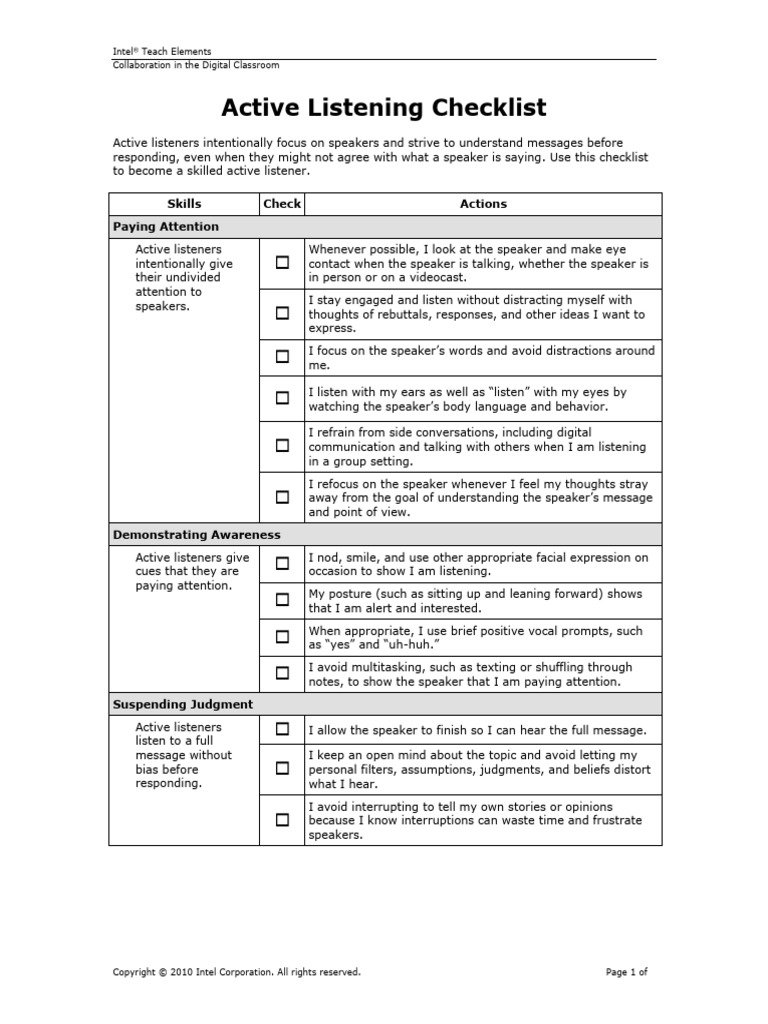 Active Listening Checklist | PDF | Attention | Body Language