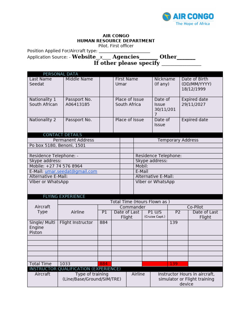 AirCongo Pilots Application Form (New) | PDF | Flight Instructor ...