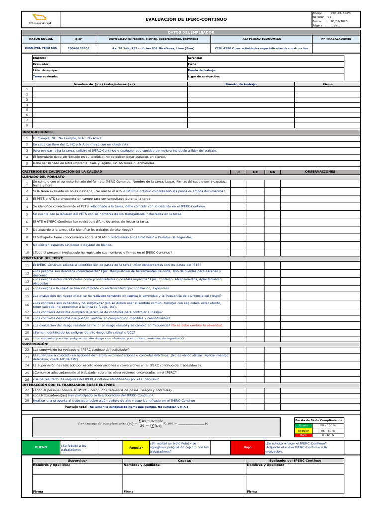 SSO-PR-01-F6 Evaluación IPERC Continuo - Rev01 | PDF