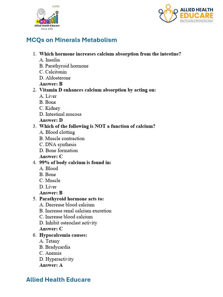 MCQs on Mineral Metabolism Basics | PDF | Iron | Vitamin D