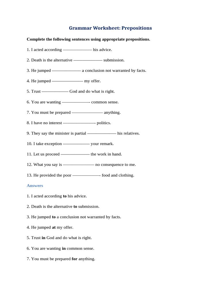 Grammar Worksheet - Preposition | PDF