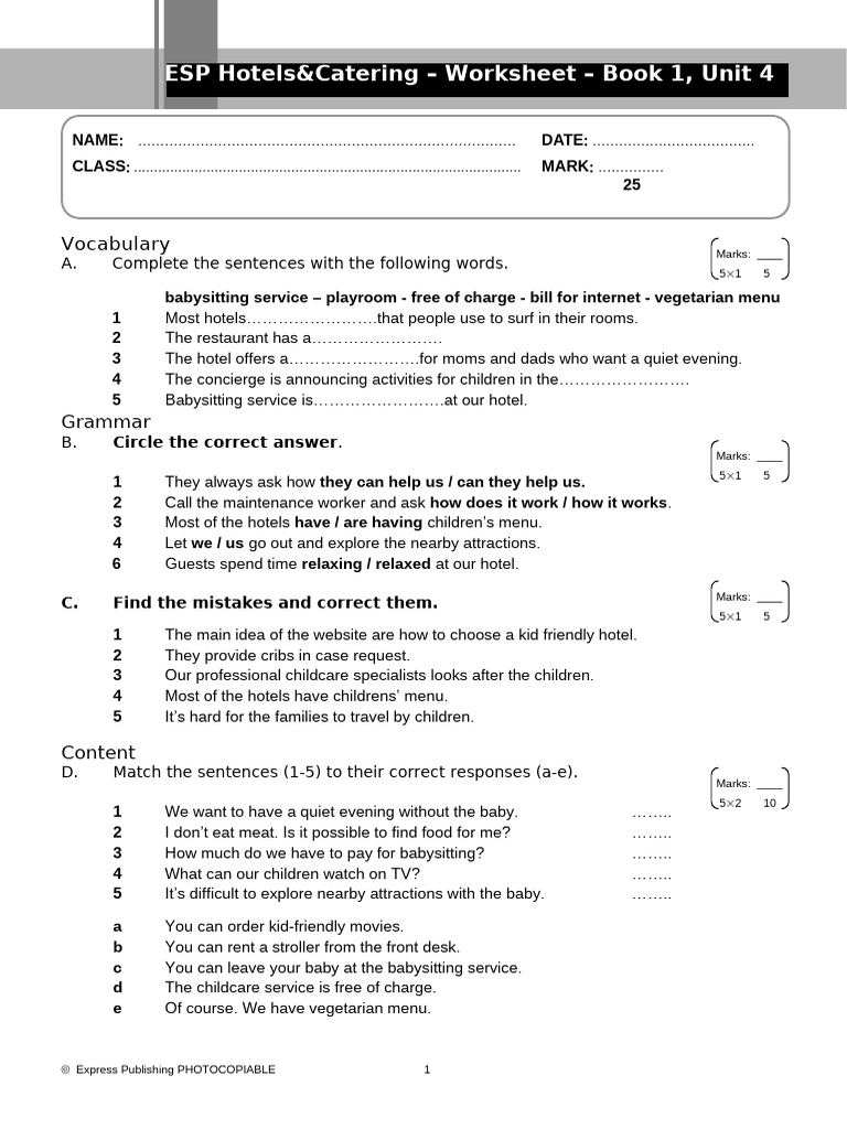 ESP Hotels & Catering Vocabulary Worksheet | PDF