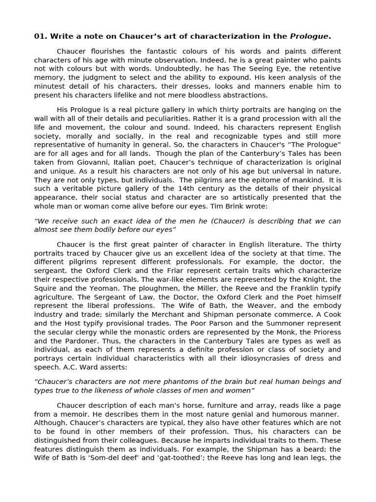 Chaucer's Art of Characterization in The Prologue | PDF | The ...
