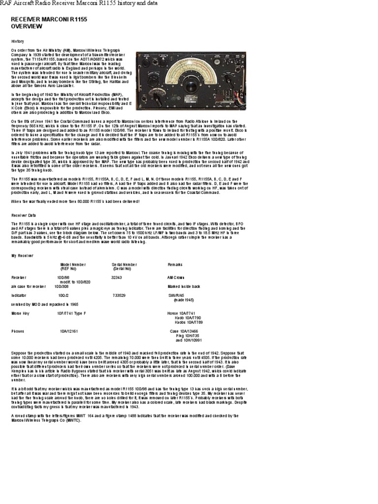 RAF Aircraft Radio Receiver Marconi R1155 History and Data | PDF ...