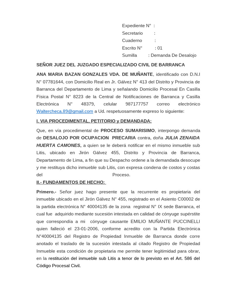 Demanda Desalojo Ana Bazan (1) | PDF | Demanda judicial | Sentencia (ley)