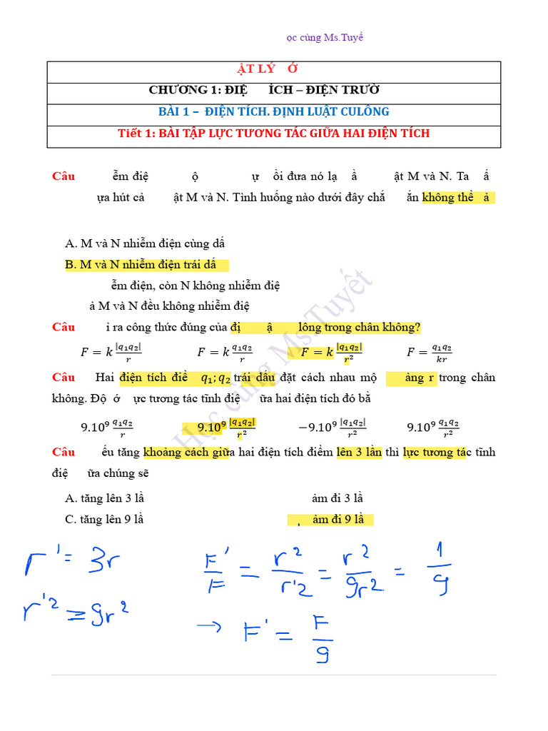 Vật Lý 11 - Chương 1. Tiết 1. BT Lực Tương Tác Giữa Hai Điện Tích - Ms.Tuyết | PDF