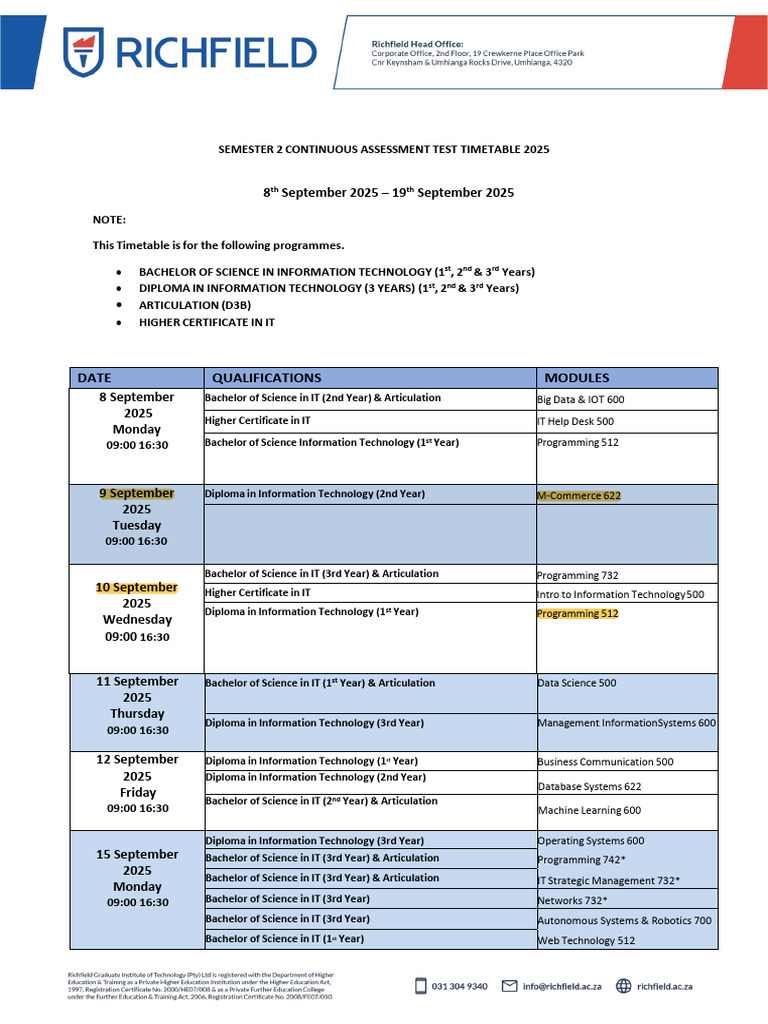Semester 2 CA Test Timetable It | PDF | Diploma | Bachelor's Degree