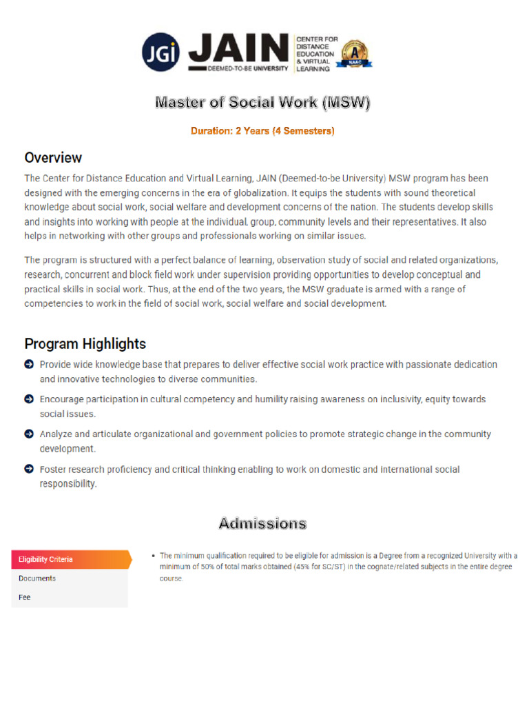 JU - Master of Social Work (MSW) (2) | PDF