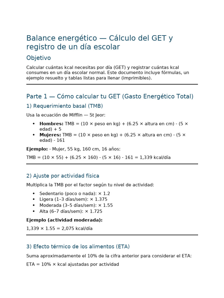 Balance Energético - Cálculo Get Y Registro Diario | PDF | Caloría ...