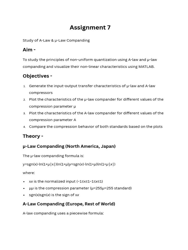 Assignment 7 Study of a-Law & Μ-Law Companding | PDF | Signal Processing