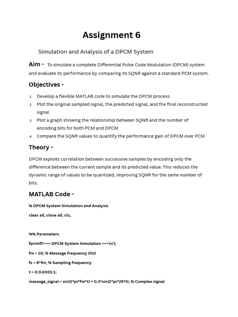 Assignment 6 Simulation and Analysis of a DPCM System | PDF | Algorithms | Telecommunications