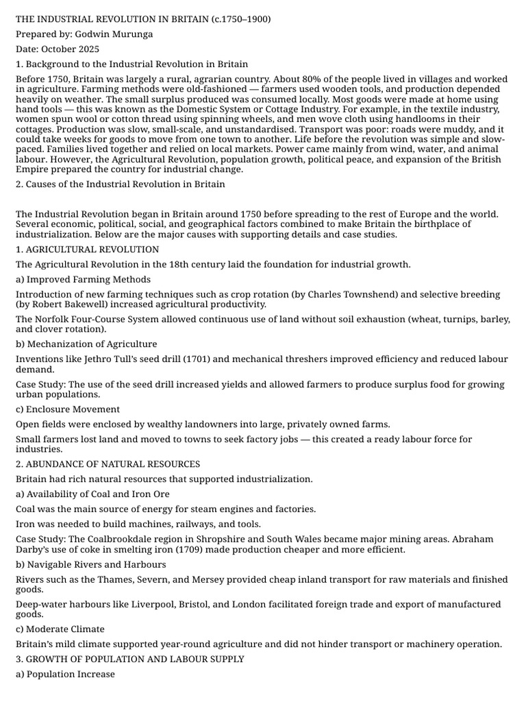 Britain Industrial Revolution | PDF | Spinning (Textiles) | Cotton Mill