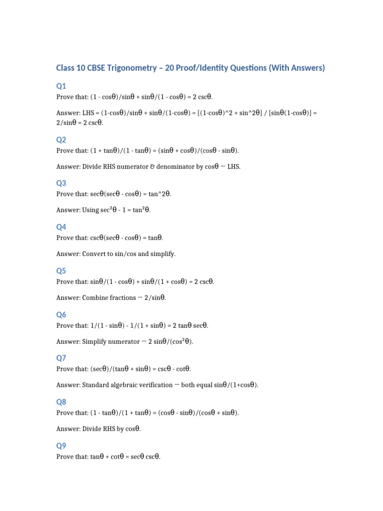 Trig Class10 20 Questions With Answers | PDF
